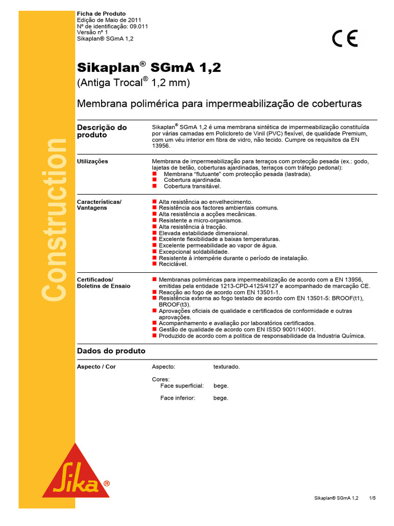 Ficha Técnica - Sikaplan Sgma 1,2 | PDF | Cloreto de polivinila (PVC) | Polímeros