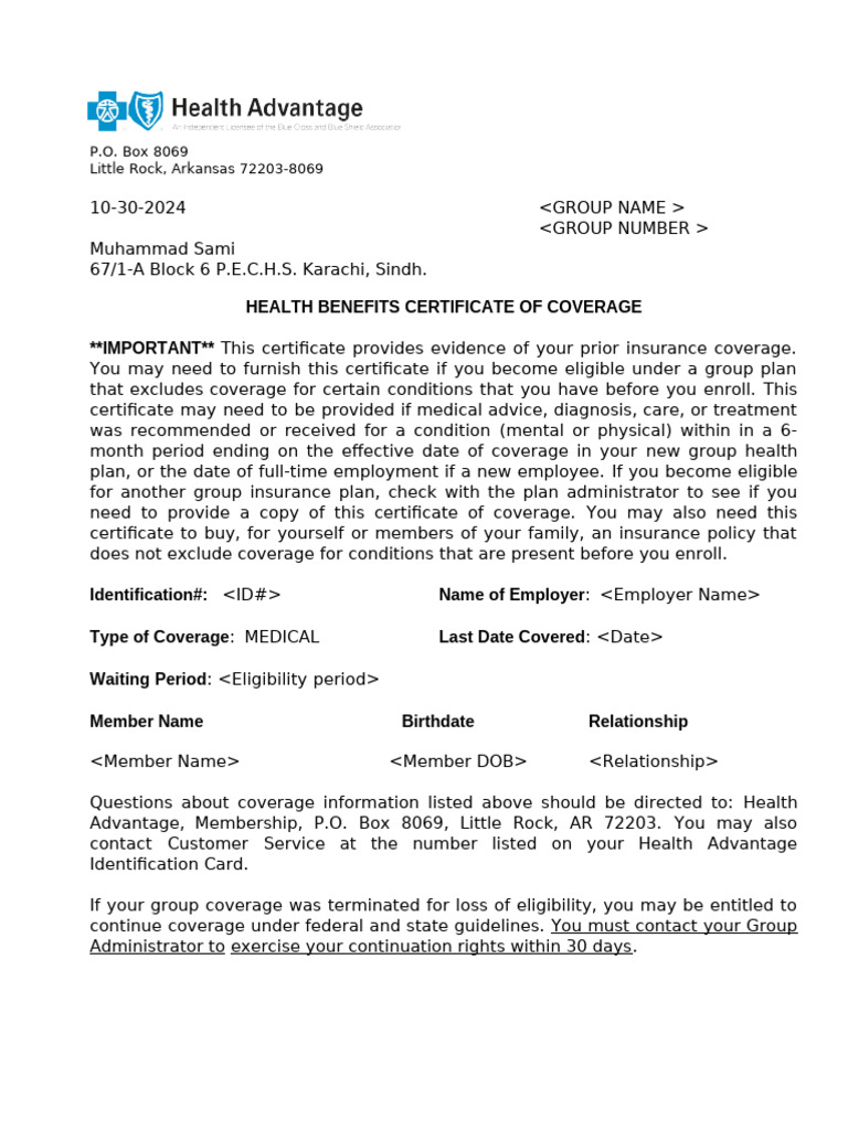 Certificate of Coverage Sample | PDF
