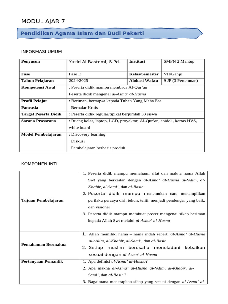 Modul Ajar 3 Meneladani Nama Dan Sifat Allah Untuk Kebaikan Hidup | PDF