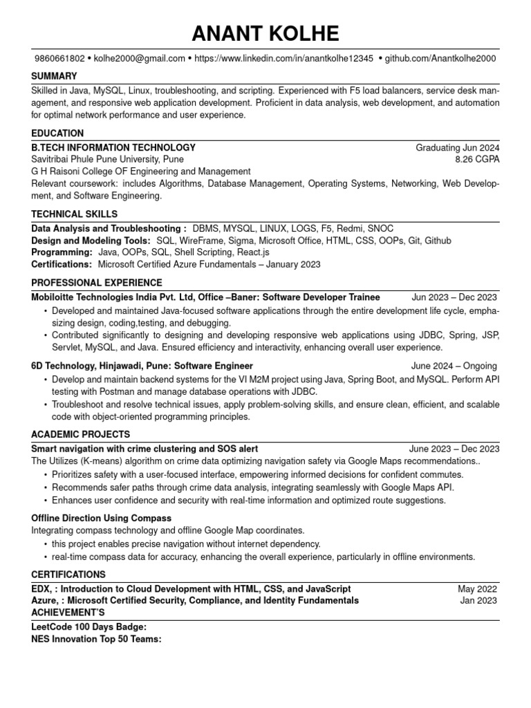 Anant - Kolhe - Software Engineer | PDF | Databases | My Sql