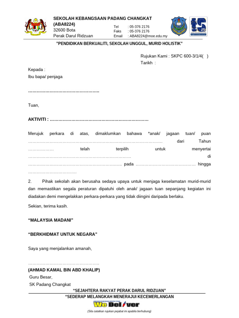 Contoh Surat Makluman Aktiviti Murid Sekolah Rendah | PDF
