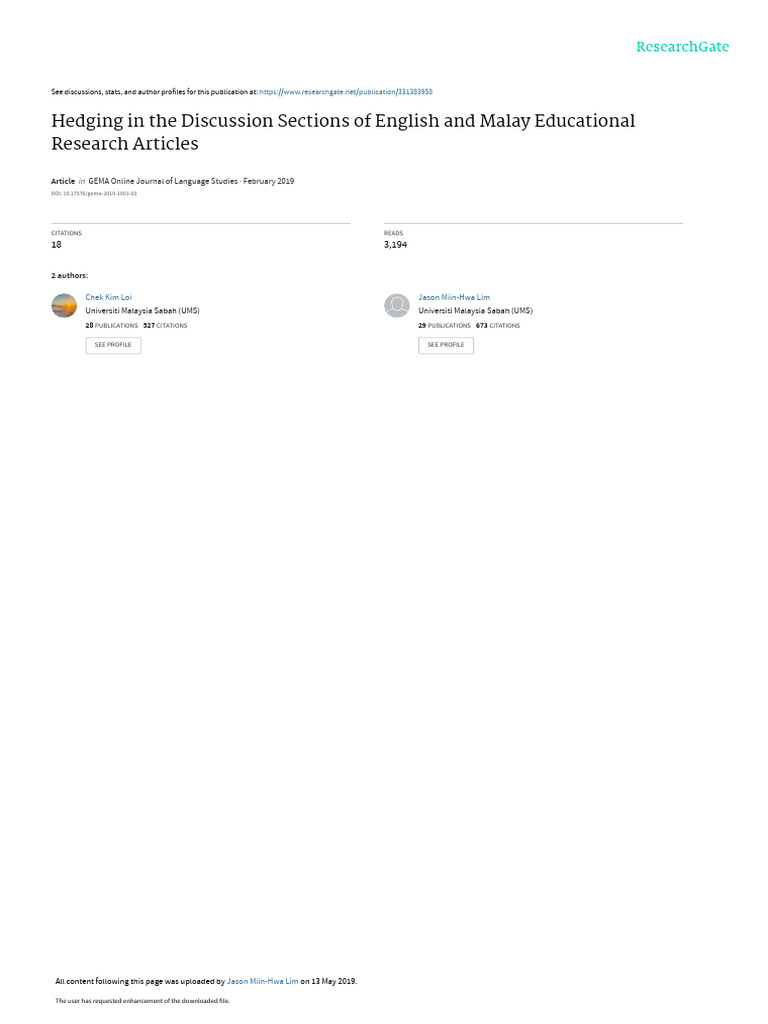 Hedging in The Discussion Sections of English and | PDF | English ...