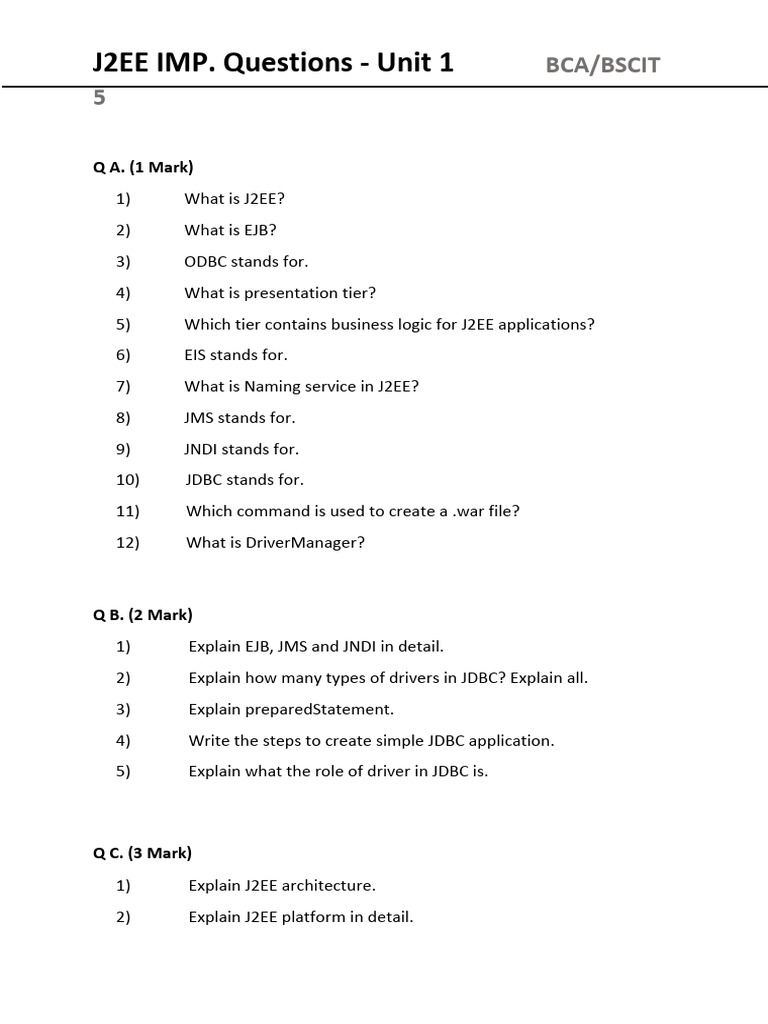 J2EE IMP. Questions - Unit 1: Bca/Bscit 5 | PDF