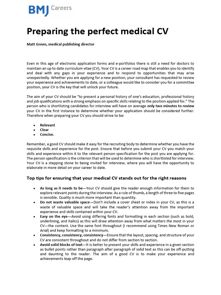 Preparing The Perfect Medical CV For Interview | PDF | Postgraduate ...