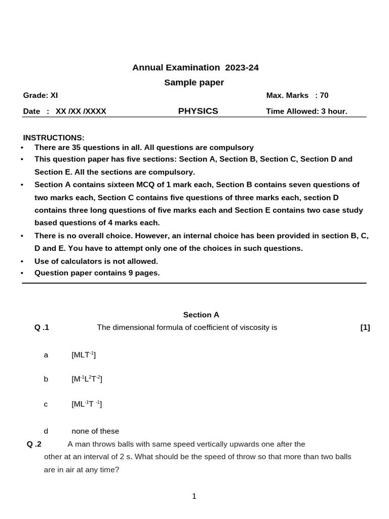 cbse_grade11_physics_annual-exam_-sample-qp | PDF | Rotation Around A Fixed Axis | Temperature