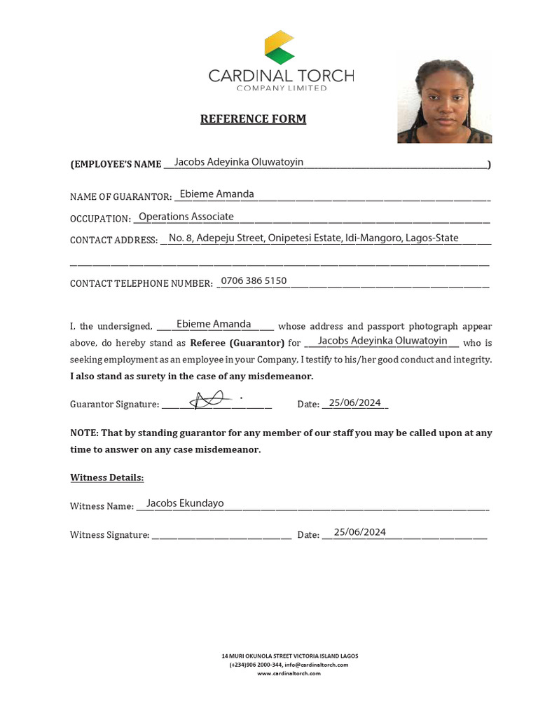 Employee Reference Form Template | PDF | Surety | Contract Law