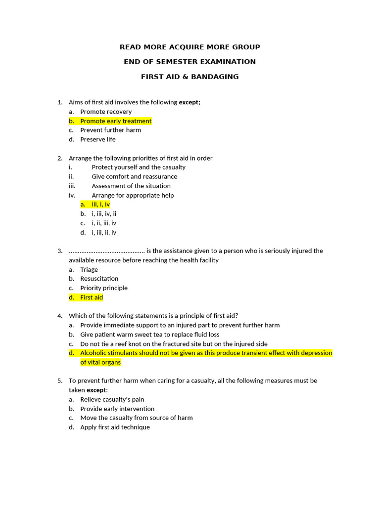 First Aid Examination Questions and Answers | PDF | First Aid ...