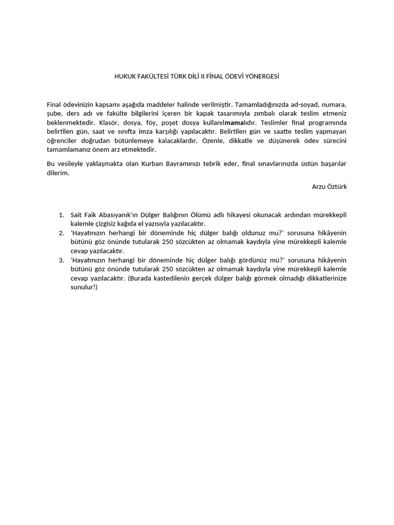 Hukuk Final Ödev Yönergesi Türk Dili II | PDF