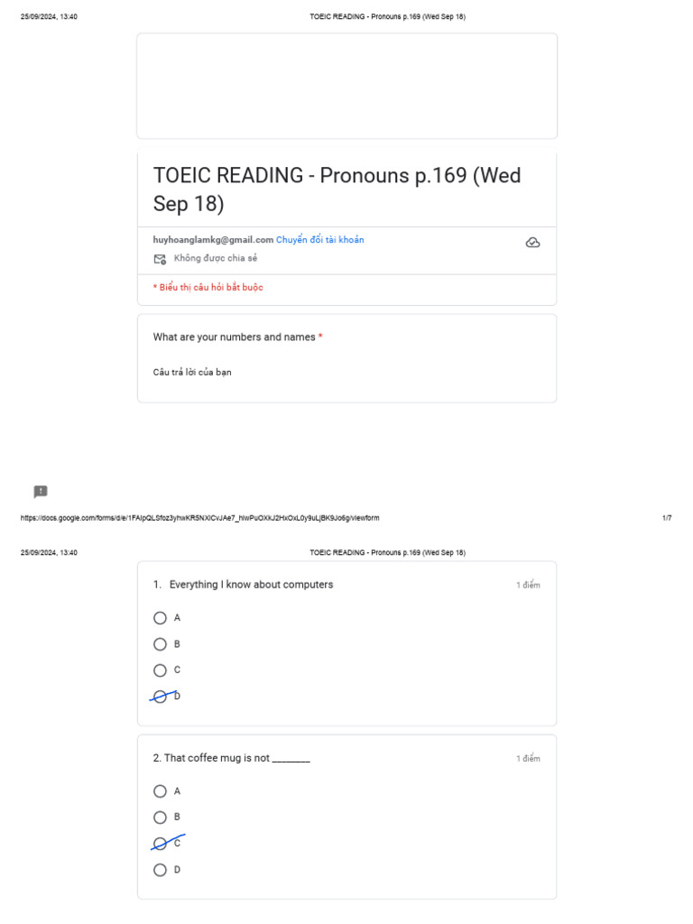 Toeic Reading - Pronouns p.169 (Wed Sep 18) | PDF