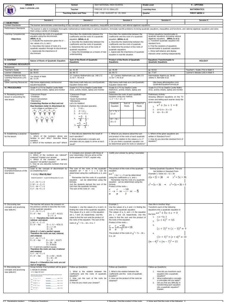 Math9 week 4.1 | PDF | Equations | Quadratic Equation