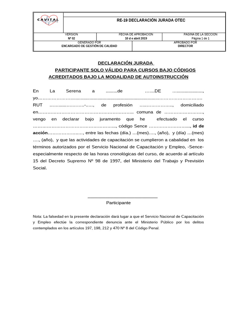 RE-19 Declaración Jurada OTEC | PDF