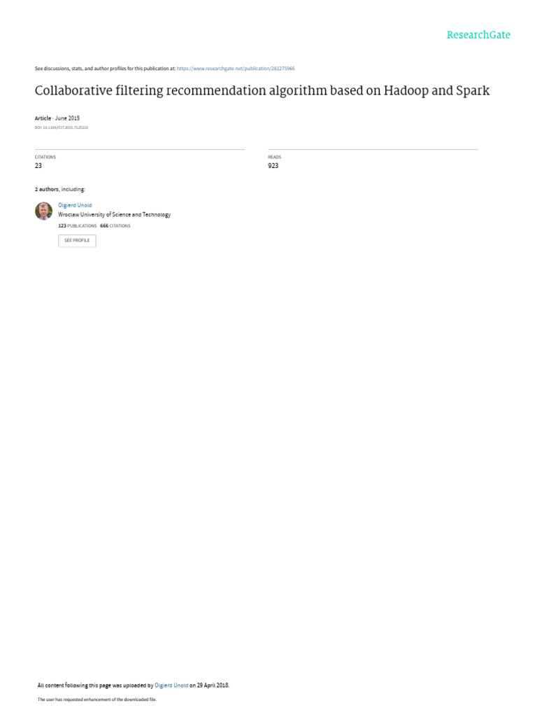 Collaborative Filtering Recommendation Algorithm Pdf Apache Spark