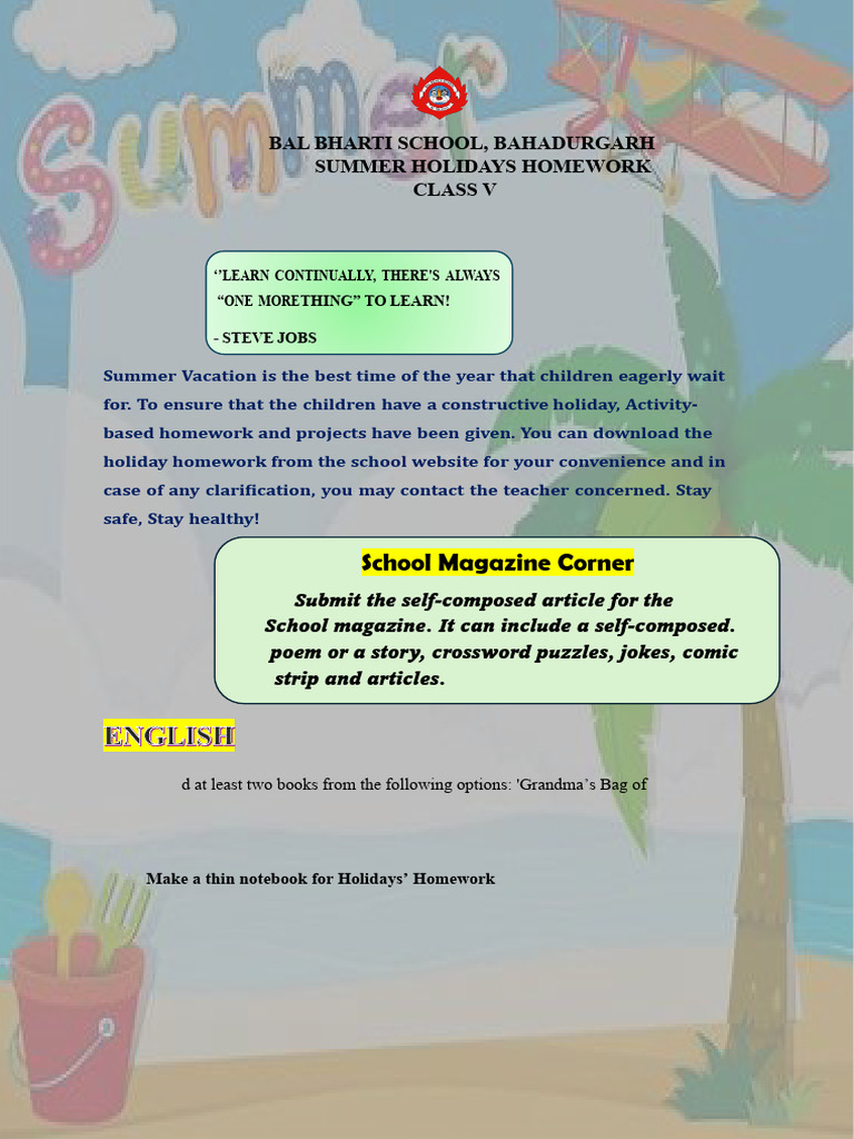 Class 5 Holiday Homework | PDF