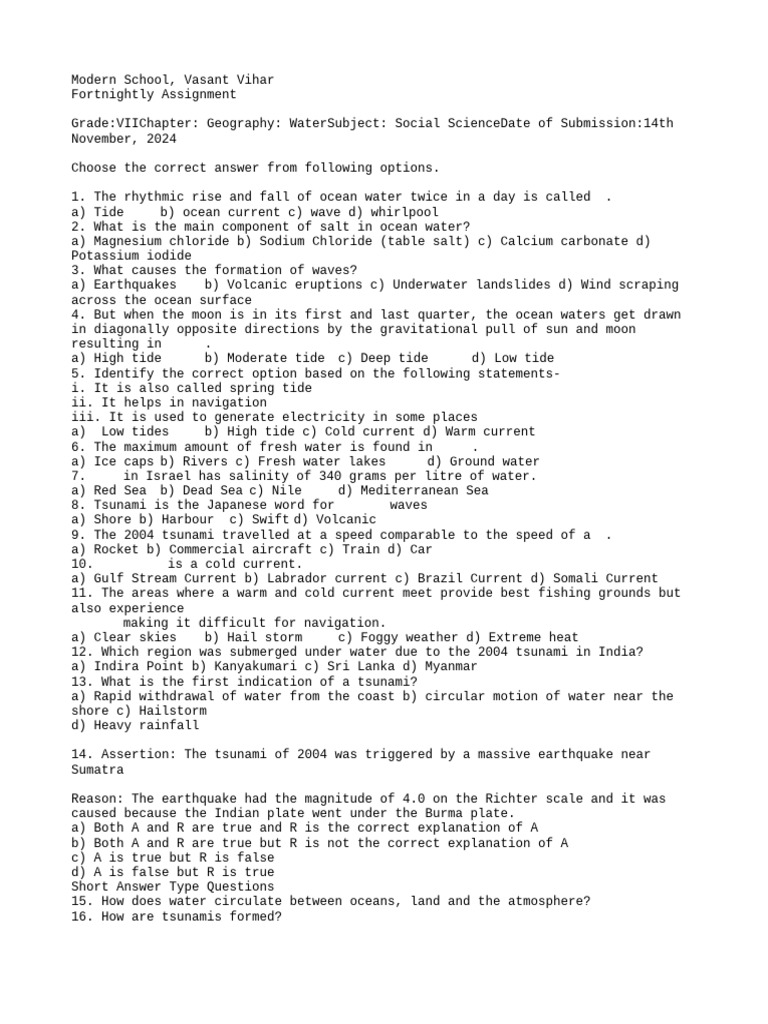 Grade VII Geography Water Assignment | PDF | Oceans | Sea