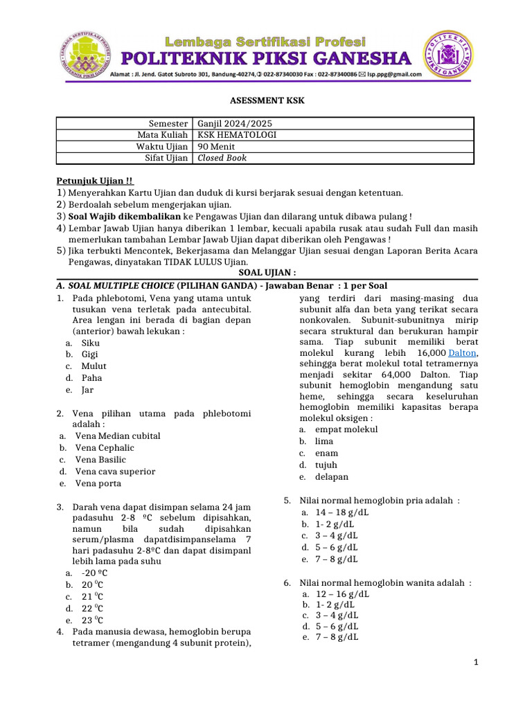 Soal Ksk Hematologi (Ok) | PDF