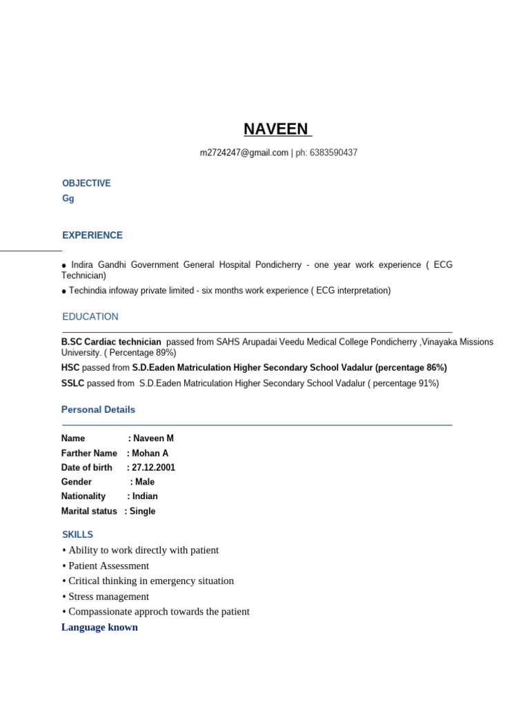 Cardiac Technician Resume for Naveen | PDF
