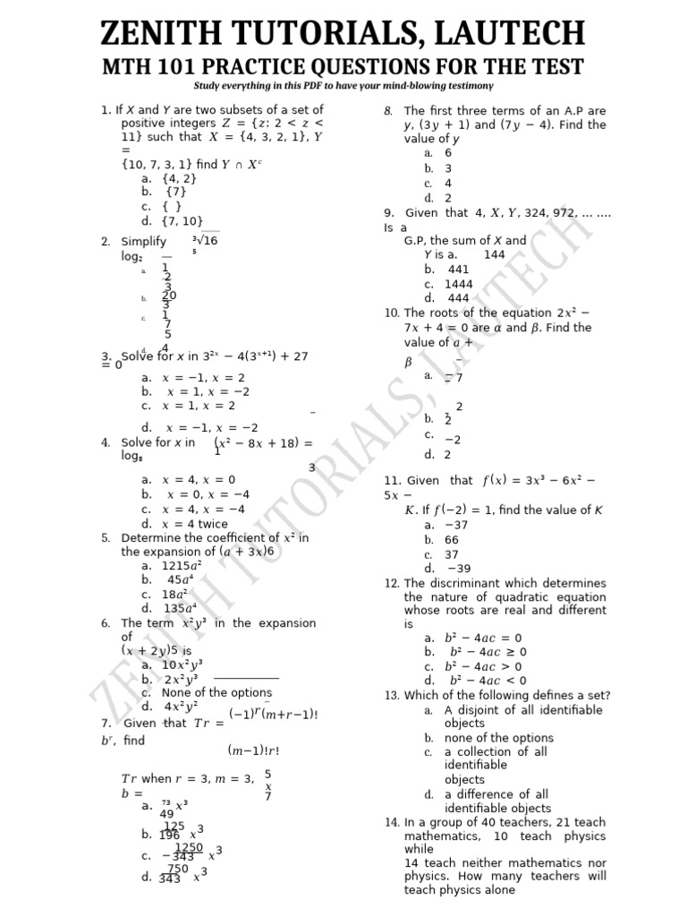 MTH 101 Practice Questions Guide | PDF
