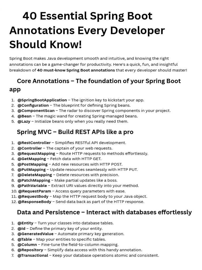 40 Spring Boot Annotations | PDF | Databases | Spring Framework