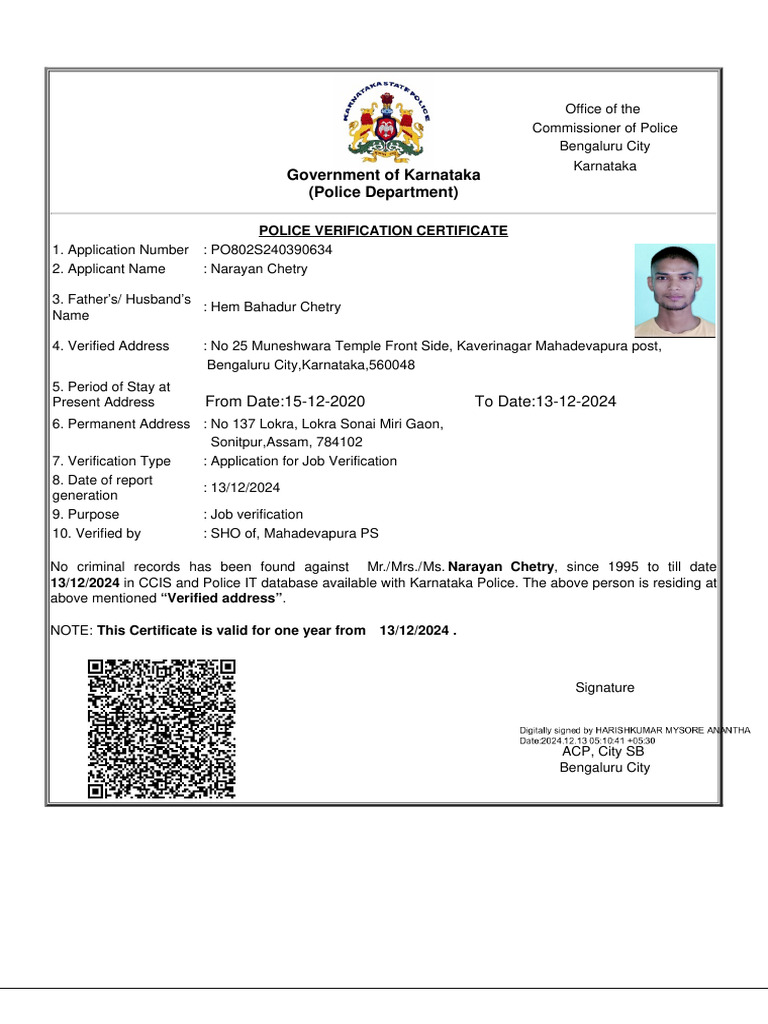 Karnataka Police Verification Certificate | PDF