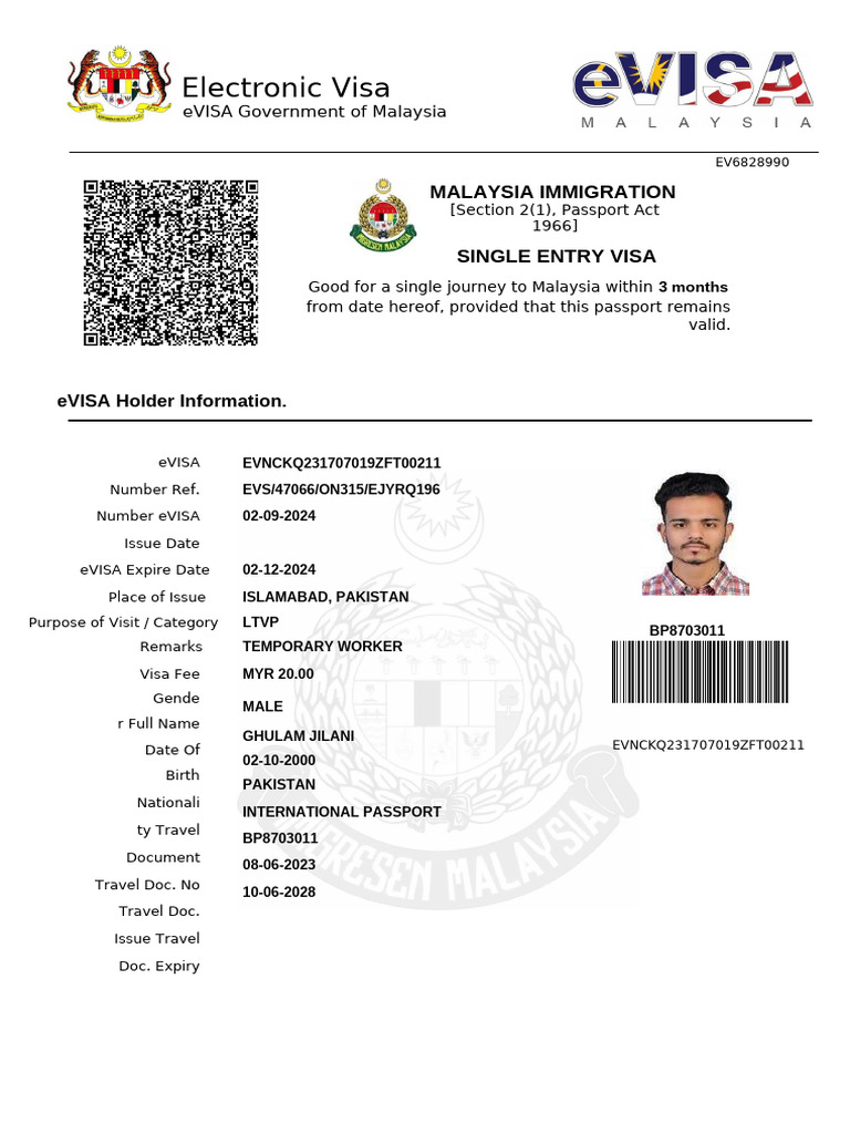 Malaysia eVISA Certificate - ALI - HASSAN | PDF
