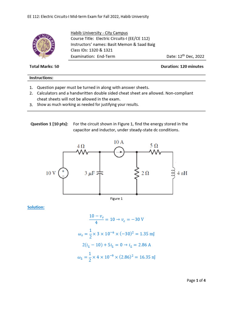 EE112 Fall 2022 Final Exam Complete Solution | PDF | Electrical Circuits | Electronic Circuits