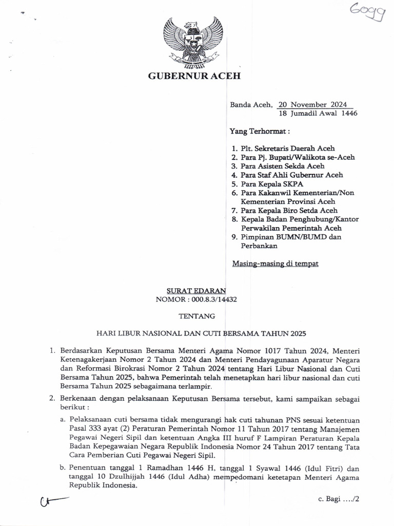 Surat Edaran Gubernur Aceh Tentang Libur Nasionaldan Cuti Bersama Tahun 2025 | PDF