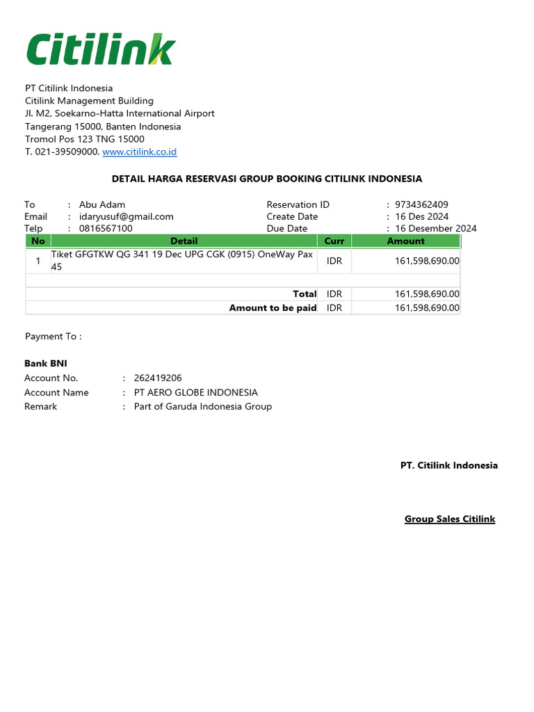 Citilink Indonesia Group Booking Invoice | PDF