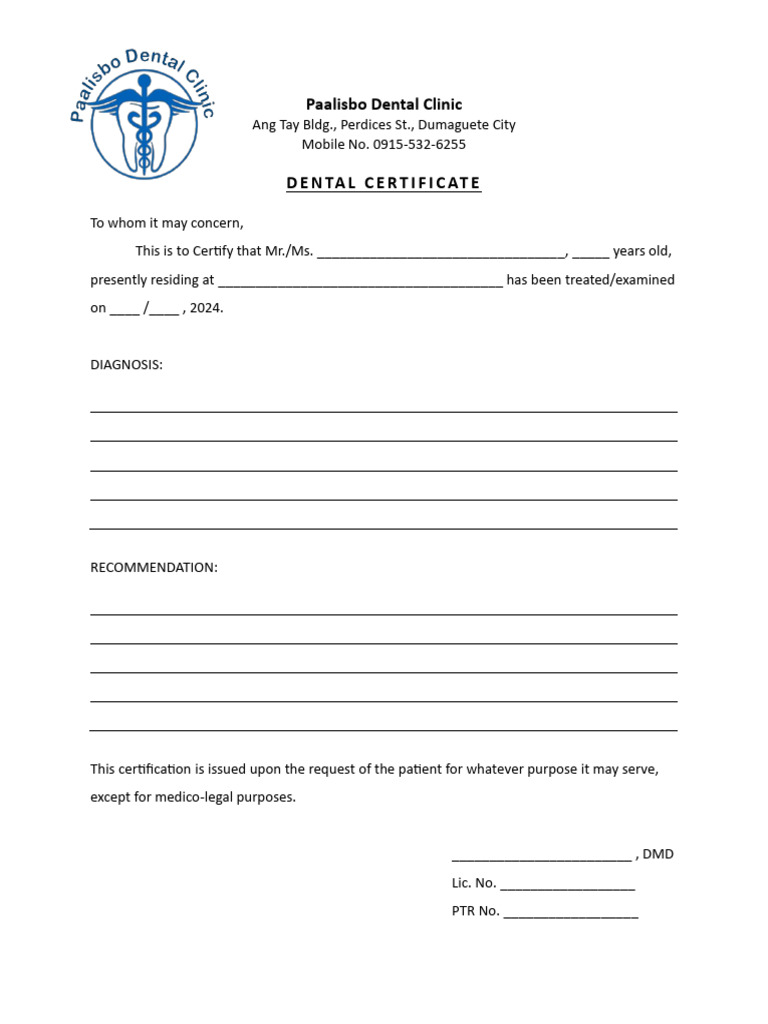 Dental Certificate for Patient Treatment | PDF