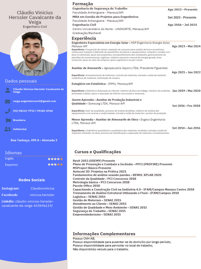 Cláudio Veiga - Currículo 2024 | PDF | Engenharia | Engenharia Civil