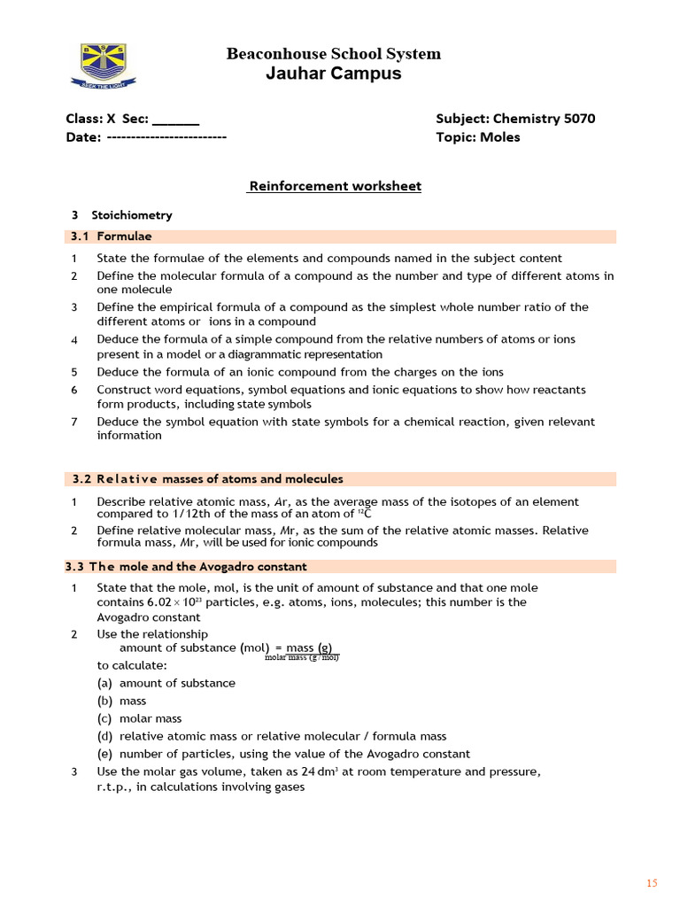 Moles Reinforcement Worksheet | PDF | Mole (Unit) | Molecules