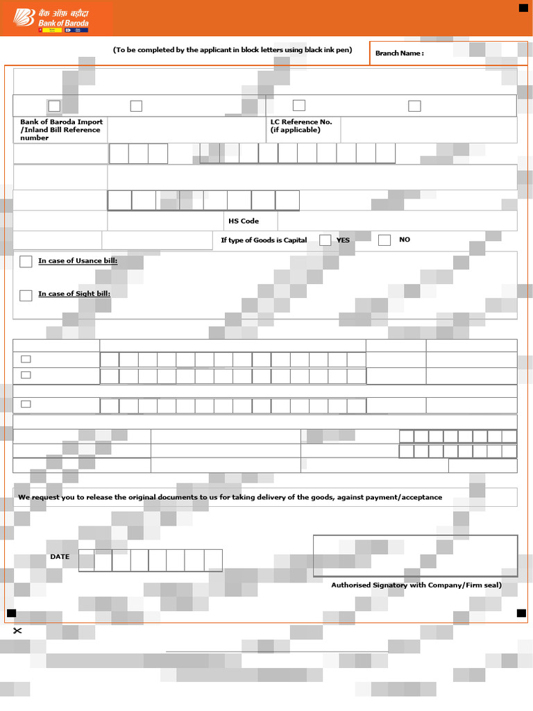 BOB Acceptance Cum Payment of Import Inland Bills Application Form 20 ...