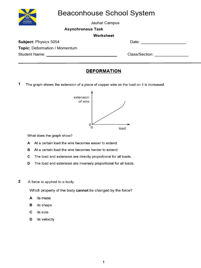Physics Worksheet: Deformation & Momentum | PDF
