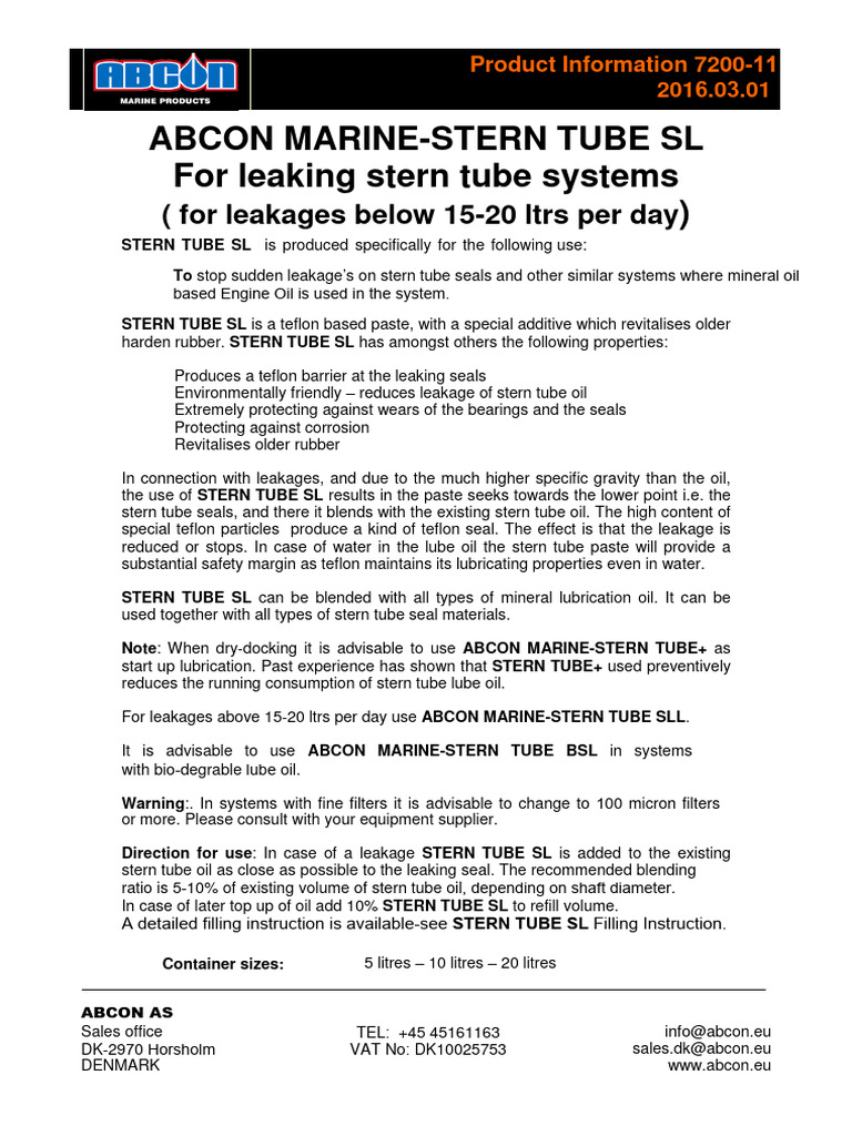 ABCON Marine Stern Tube SL Overview | PDF | Lubricant | Building ...