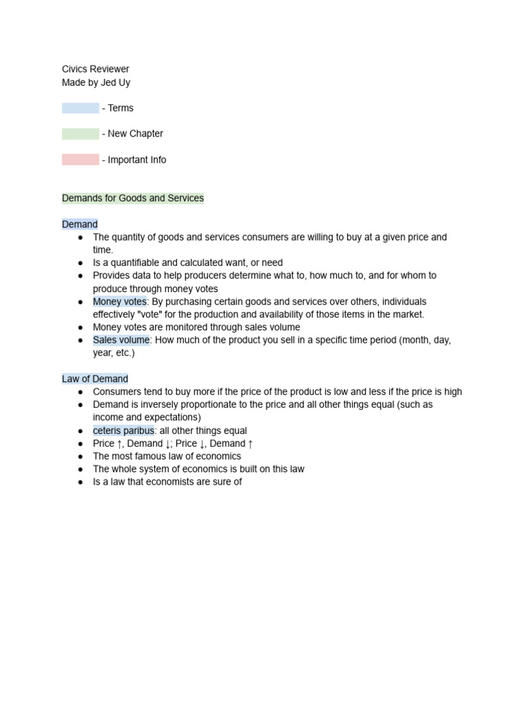 2nd Quarter Civics Reviewer | PDF | Supply (Economics) | Demand