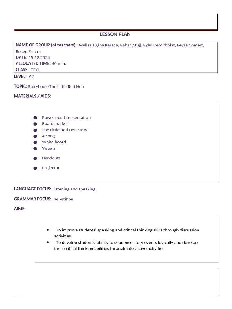 TEYL LESSON PLAN - Second Draft Copy | PDF | Reading Comprehension | Behavior Modification