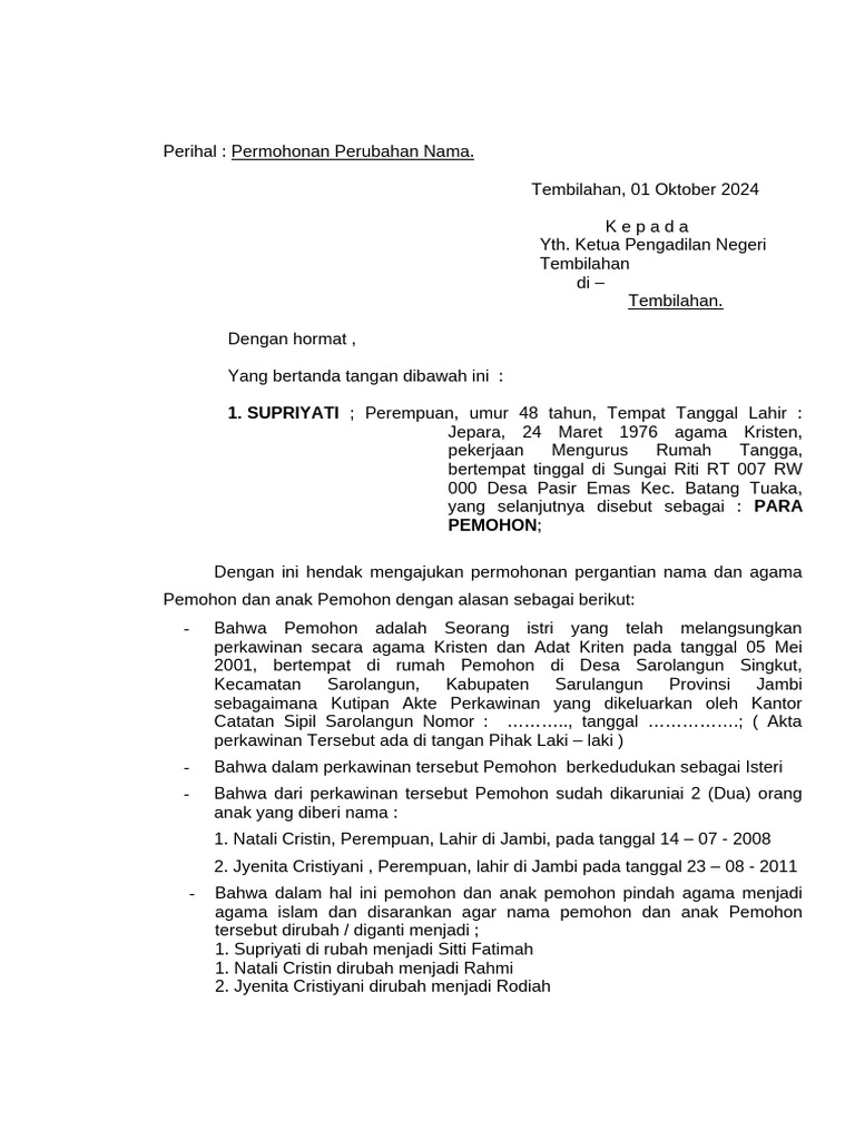 Contoh_Permohonan_Ganti_Nama pengadilan negeri tembilahan | PDF