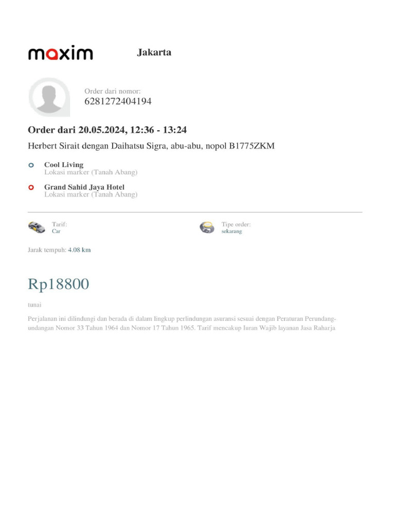 Bukti perjalanan dengan Maxim Indonesia dari 20.05.2024, 12_36_edit_28 ...