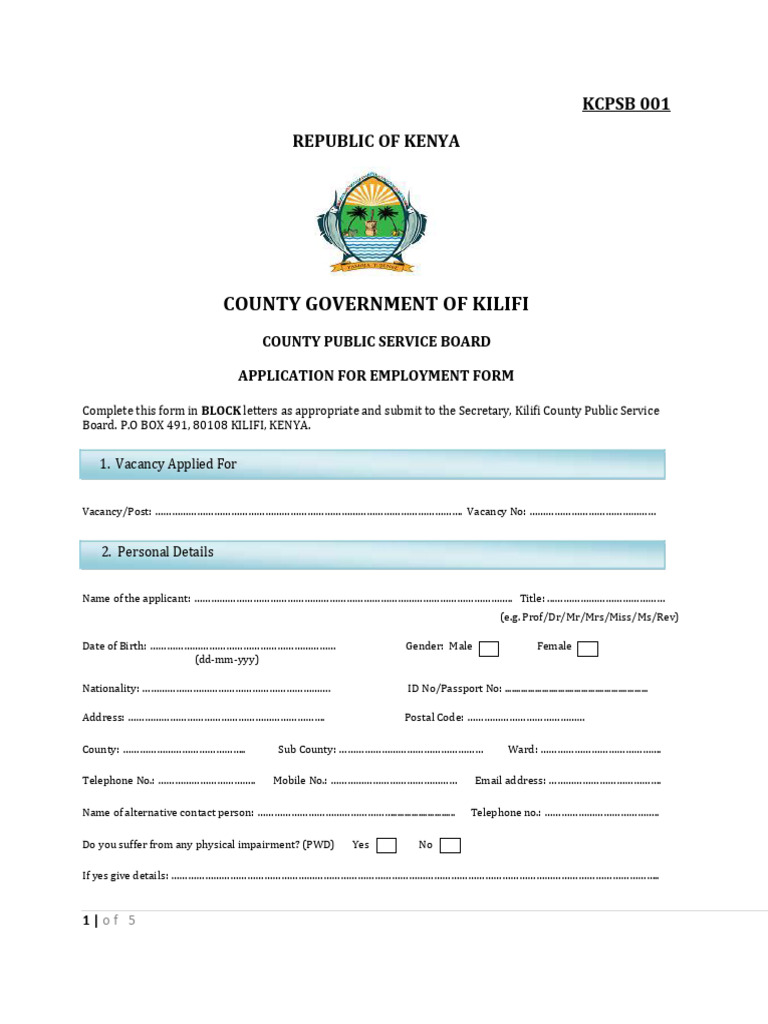 Application Form Kilifi County Public Service Board | PDF | Diploma ...