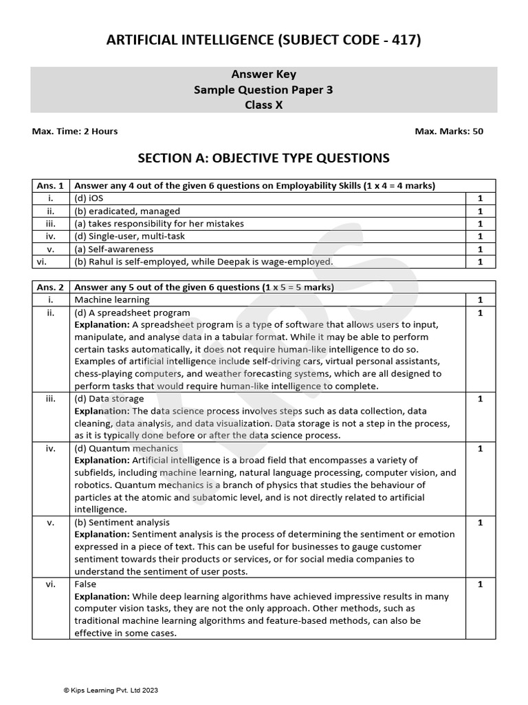 AI Class 10 Sample Paper 3 Answer Key | PDF | Machine Learning | Artificial Intelligence