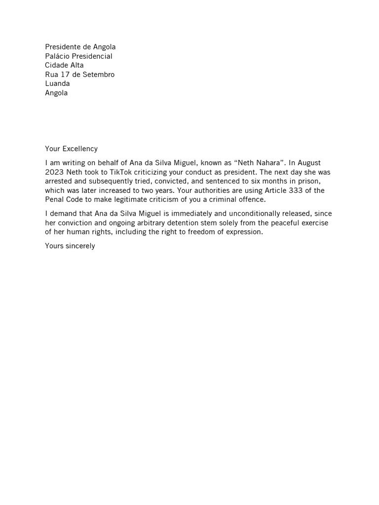 Letter To Target Angola | PDF