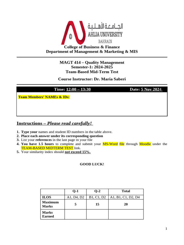 MAGT414 TBT MidTerm 2024-2025 Sem-1 | PDF | Performance Indicator | Strategic Management