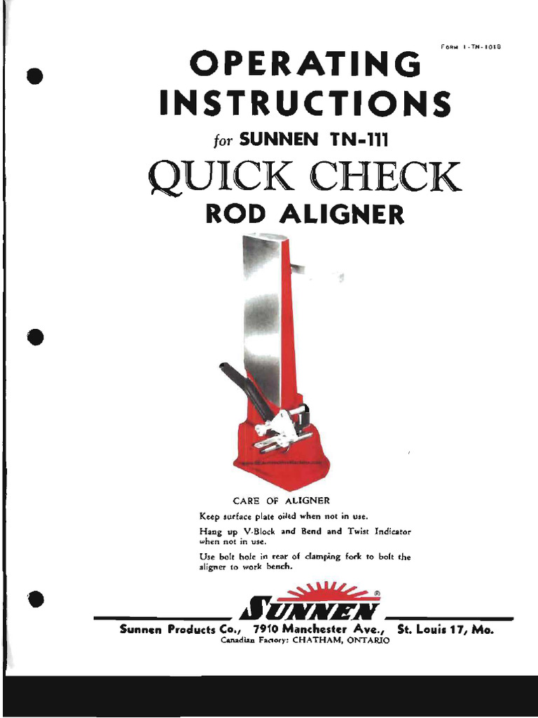 Sunnen TN-111 Operating Instructions Quick Check Rod Aligner | PDF | Piston