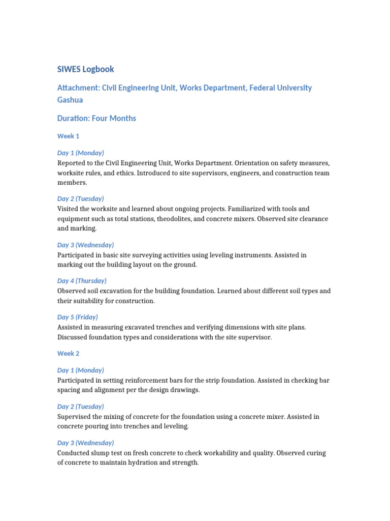 SIWES Logbook Civil Engineering | PDF