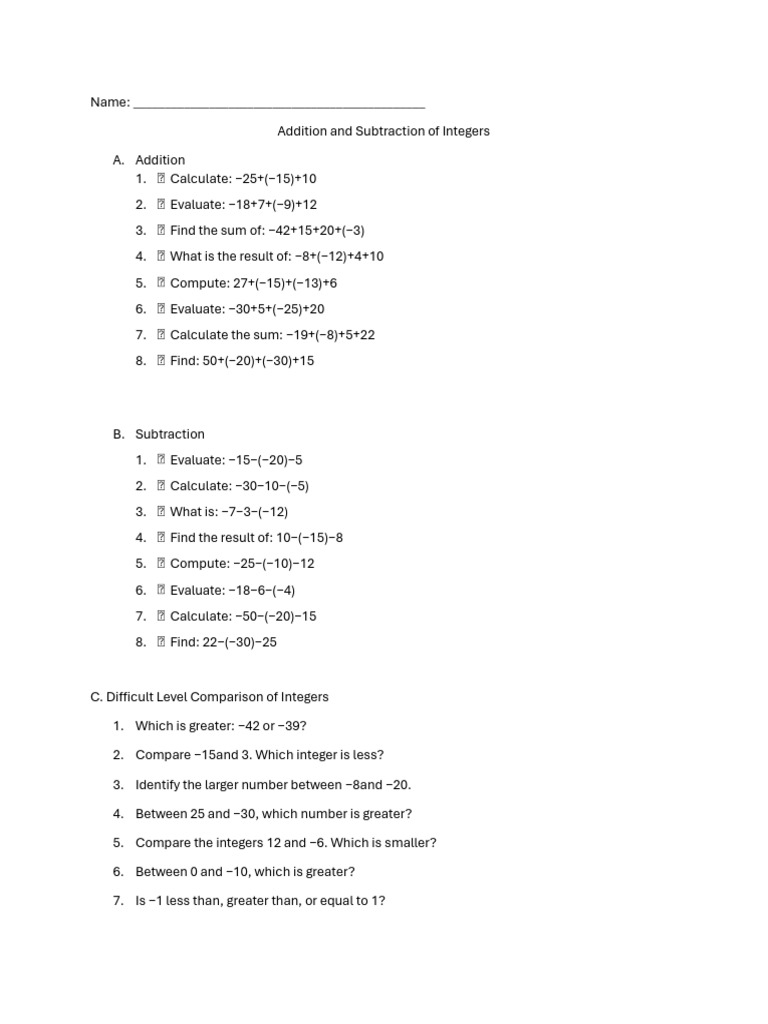 WORKSHEET (Integers pt1) | PDF