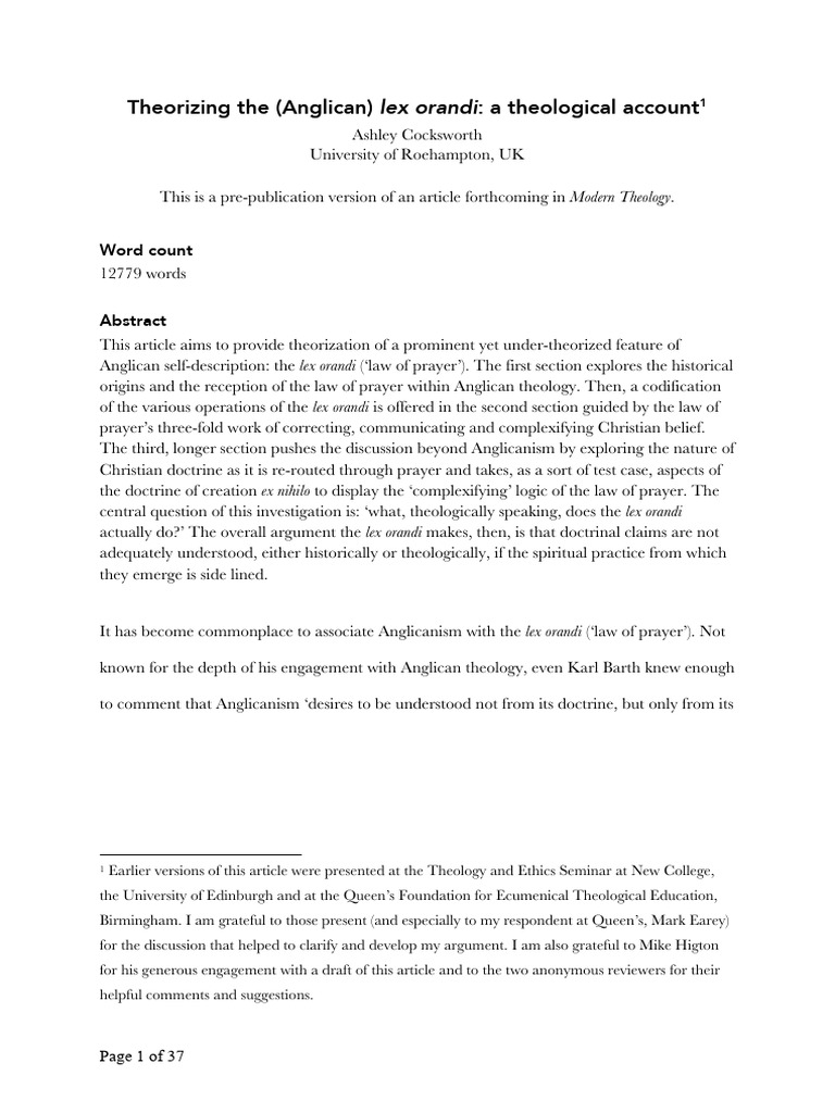 Theorizing The Anglican Lex Orandi | PDF | Anglicanism | Prayer