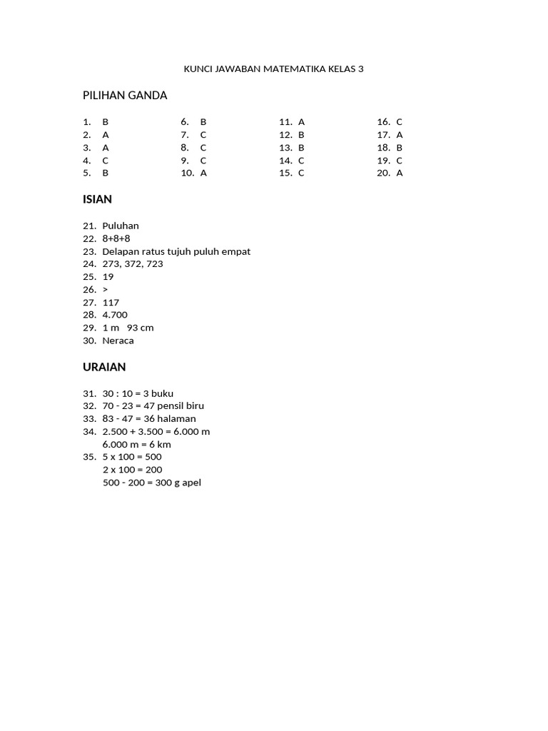 Kunci Jawaban MTK Kls 3 | PDF