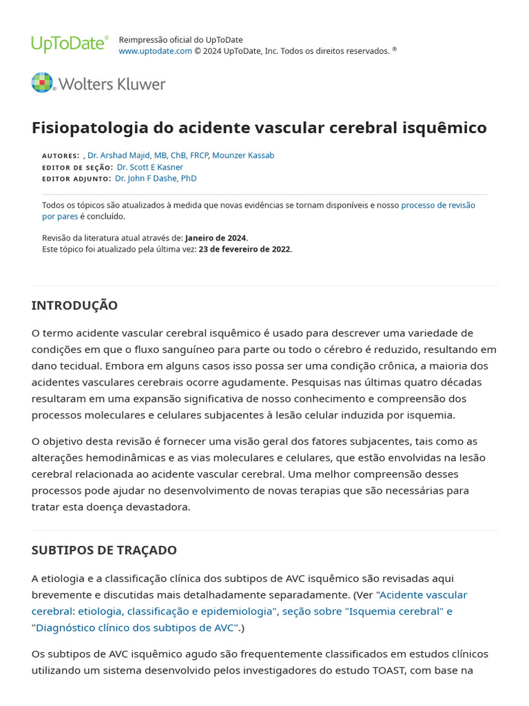 Fisiopatologia Do Acidente Vascular Cerebral Isquêmico - UpToDate | PDF ...