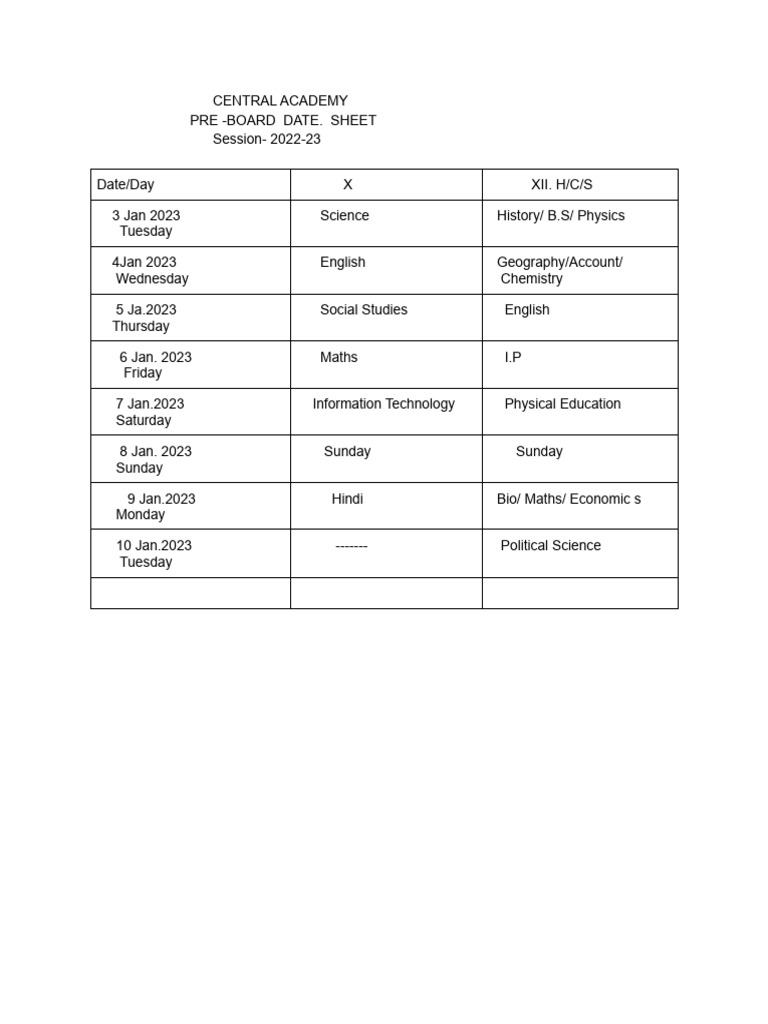 Central Academy Pre- Board Date Sheet-1 | PDF