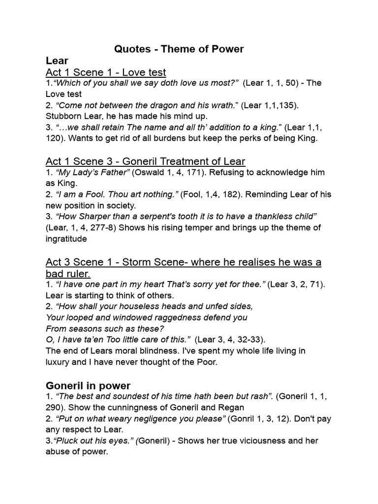 King Lear Quotes - Theme of Power | PDF