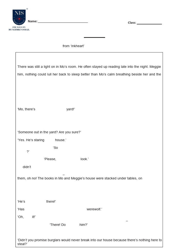 Year 8 Reading Comprehension: Inkheart Excerpt | PDF